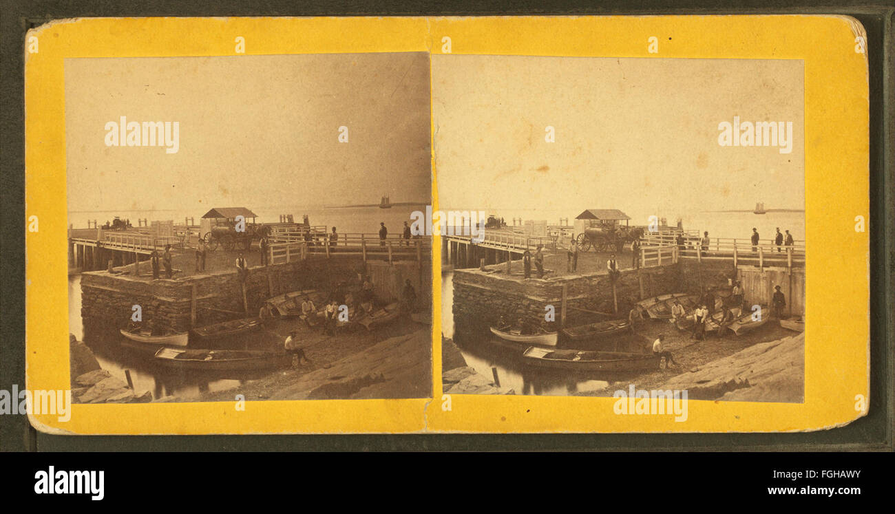 This stereoscopic view shows the shoreline seen from a dock, capturing ...