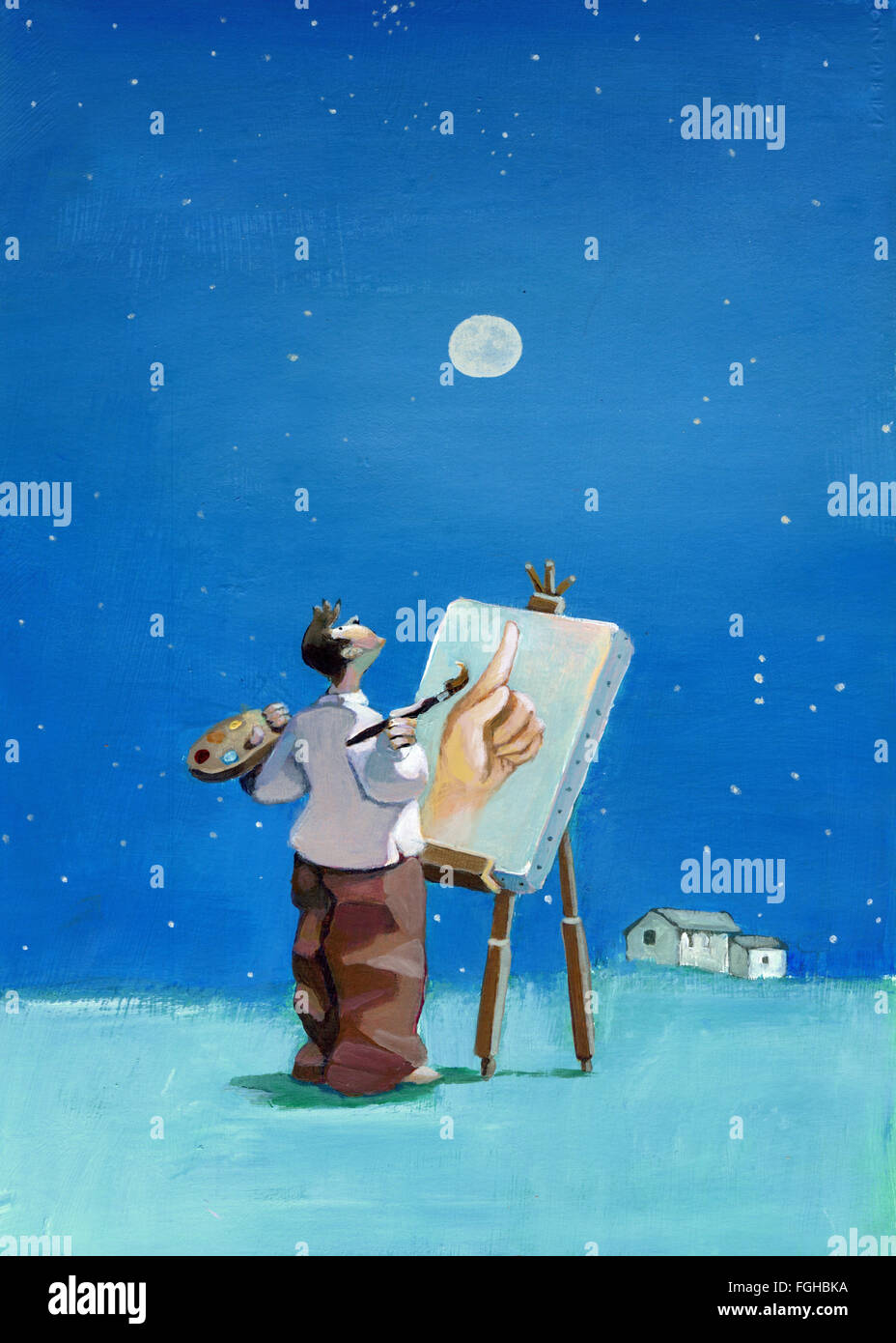 a painter looks at the moon and paints the finger pointing you Stock ...