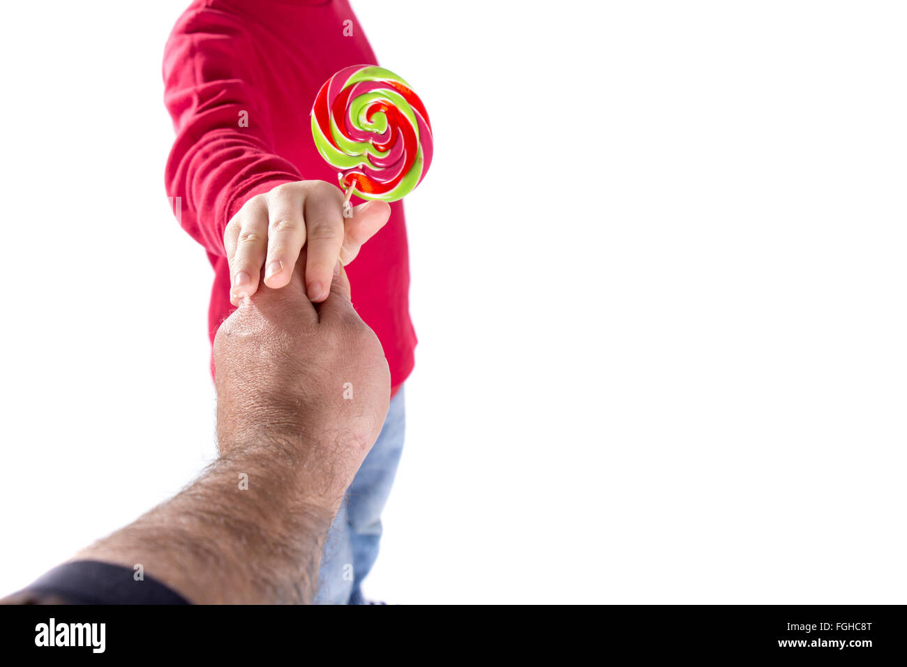 man hand give candy to child isolated on white background Stock Photo ...