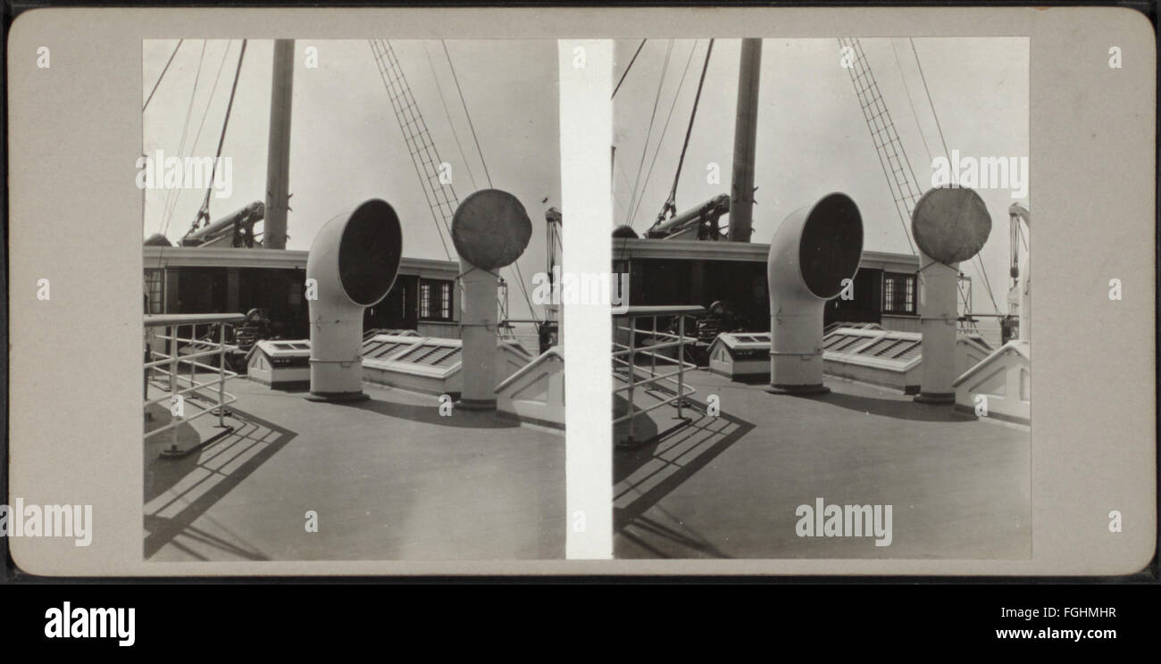 This stereoscopic view shows the cowls atop The Mohawk, a ship ...