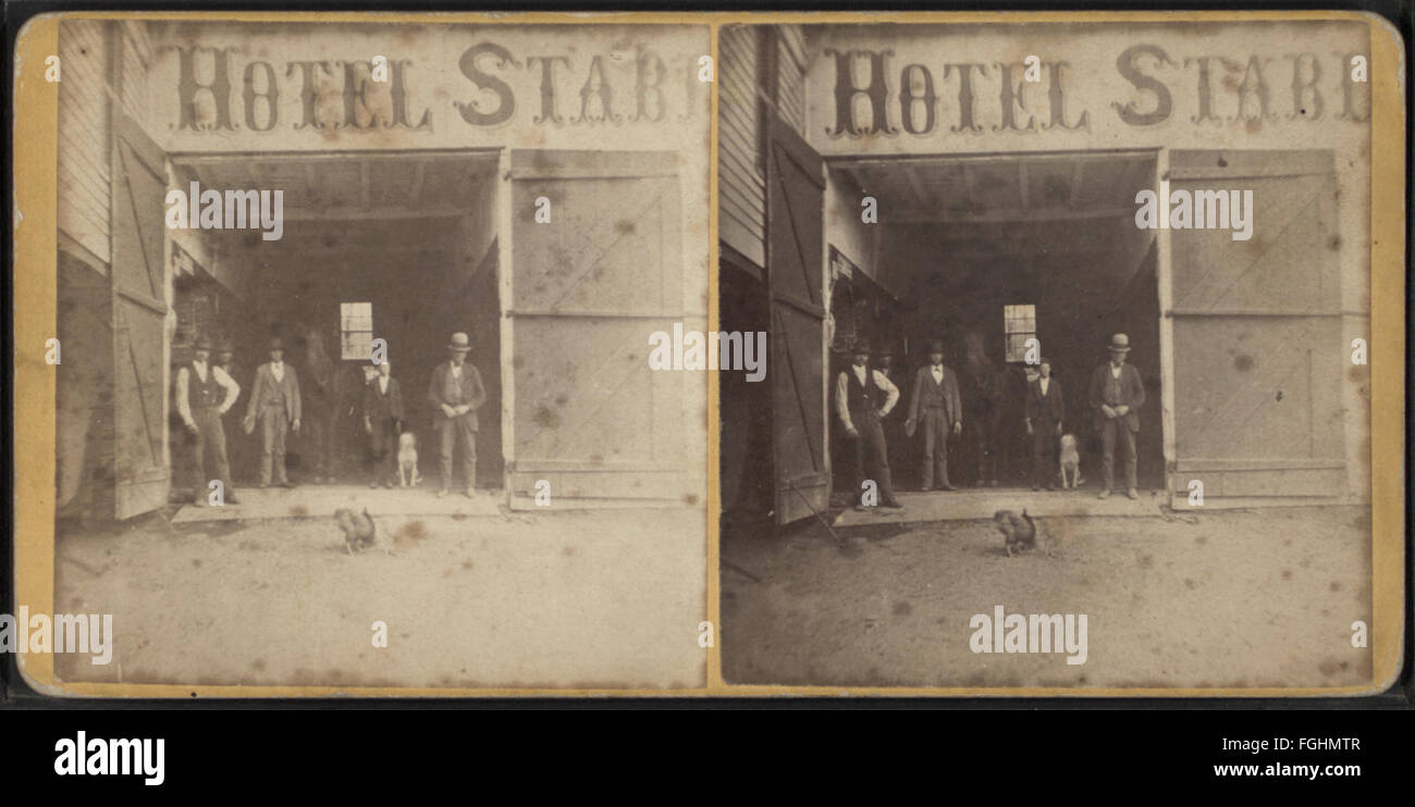 A stereoscopic photograph of the Dayville hotel stable, showing the ...