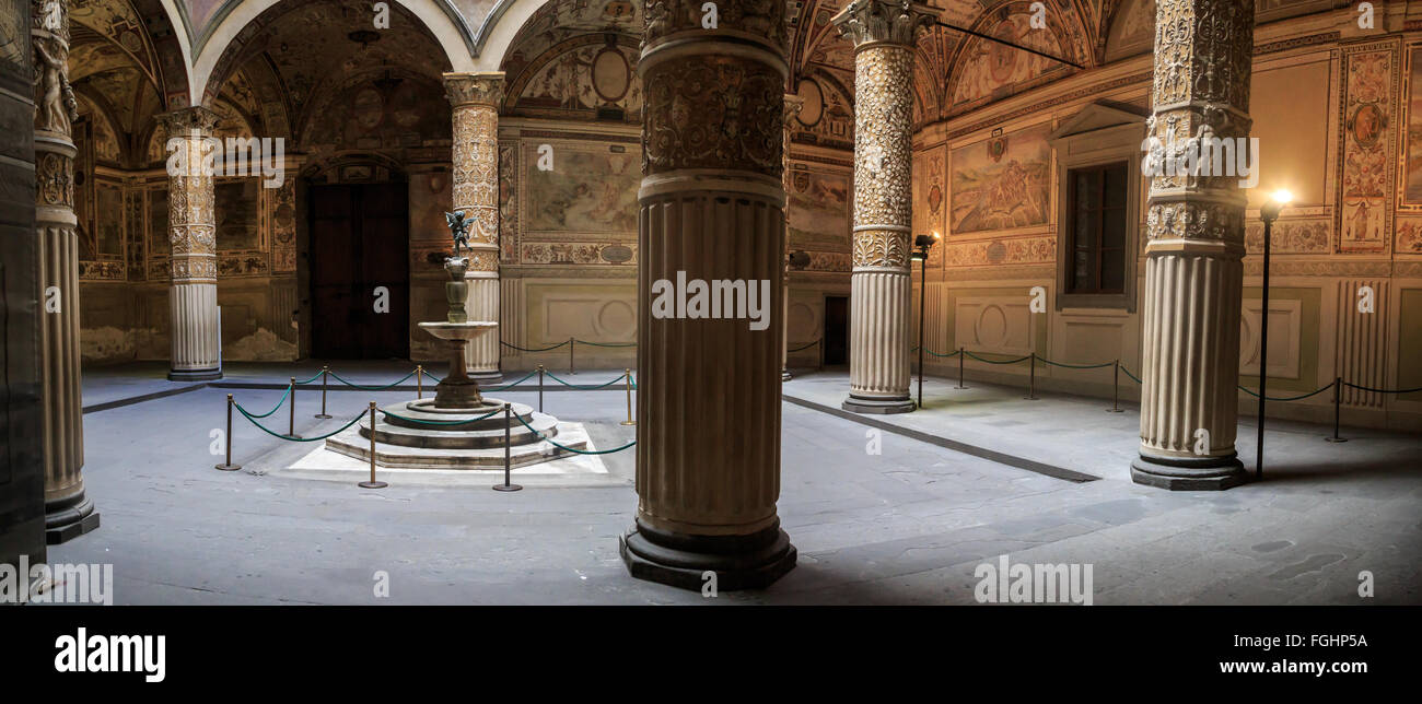 Interior garden view of historical Vecchio Palace with scluptures on ...