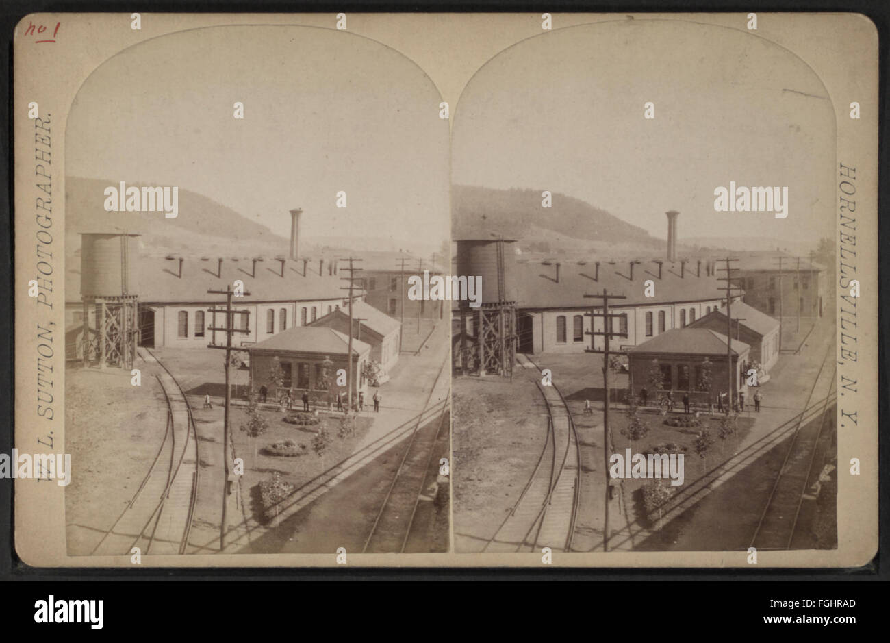Photograph of the Erie Railroad yard, highlighting the roundhouse ...