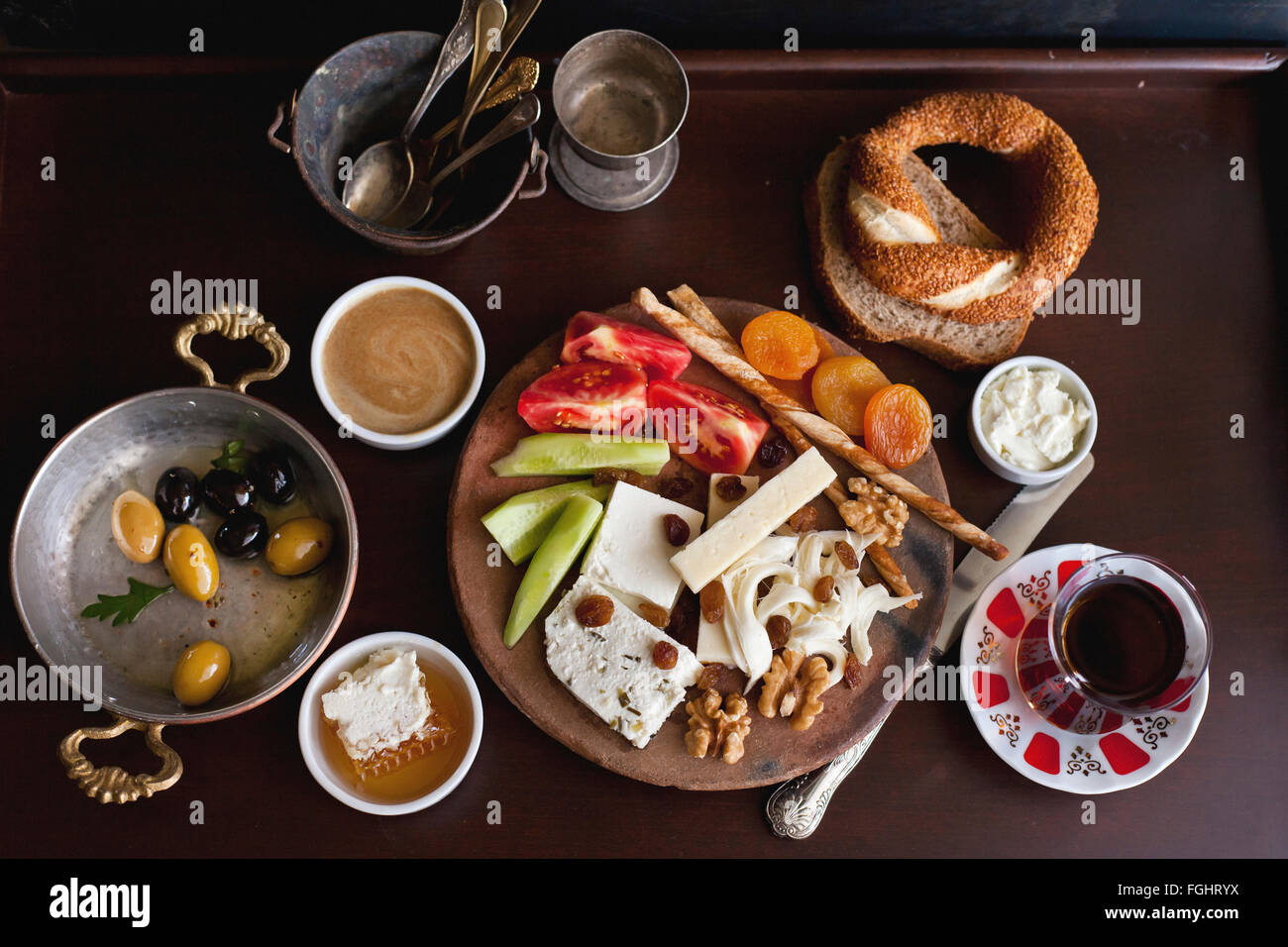 Turkish tea and selection of food for breakfast Stock Photo - Alamy