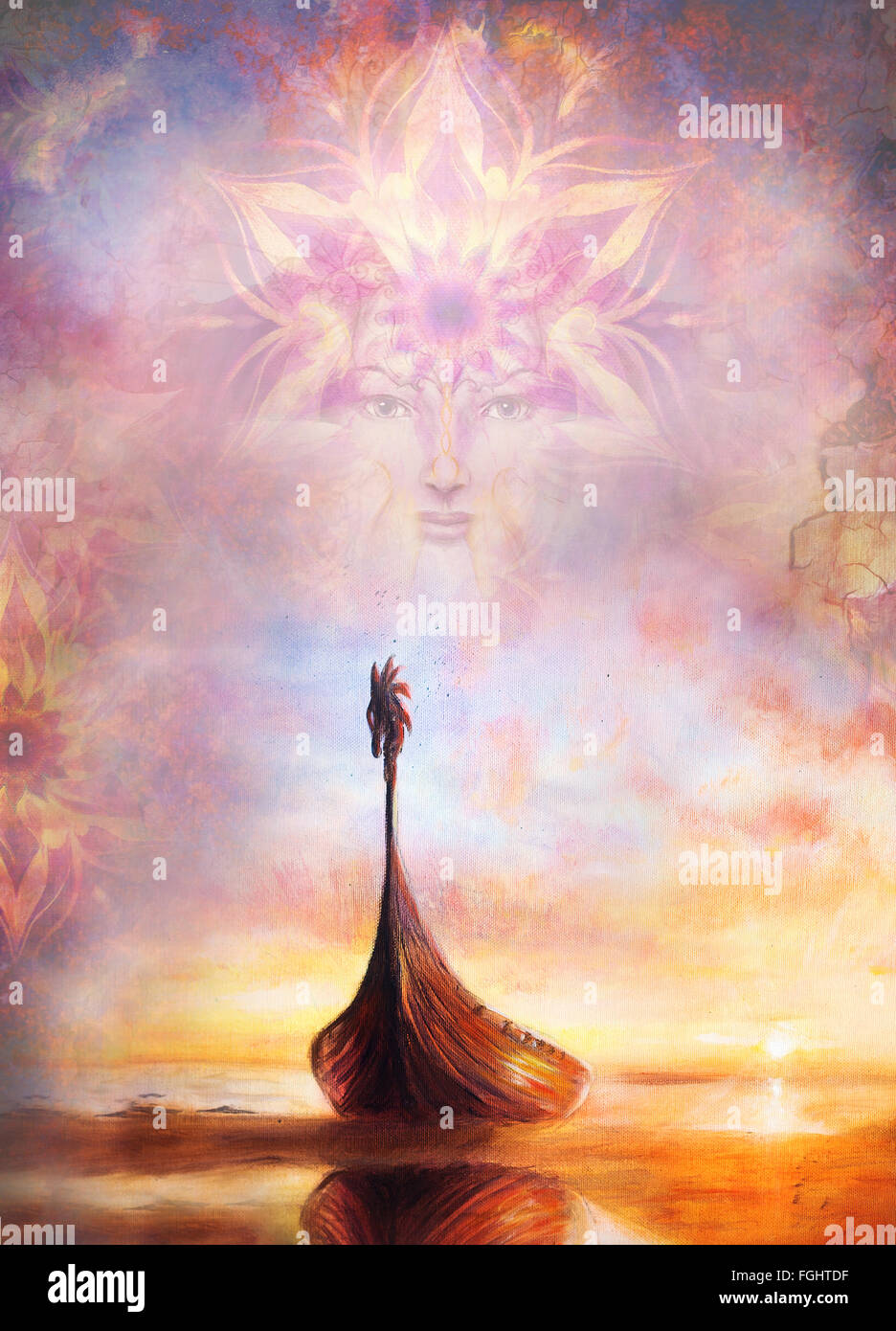 Viking Boat on the beach and woman with ornamental mandala. Boat with ...