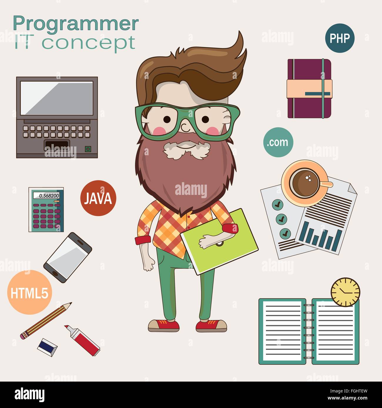 Programmer with a laptop and beard in glasses Stock Vector Image & Art ...