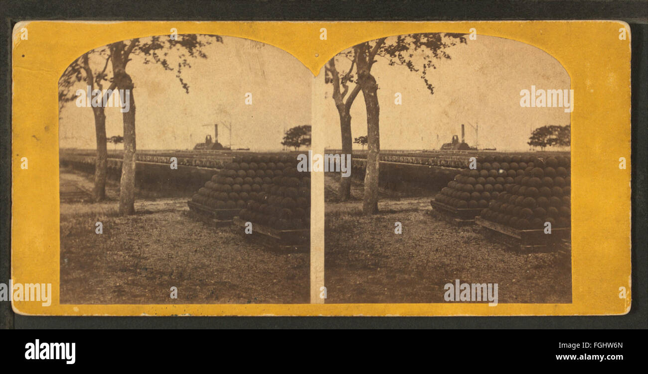 This stereoscopic view depicts the gun yard at Fortress Monroe ...