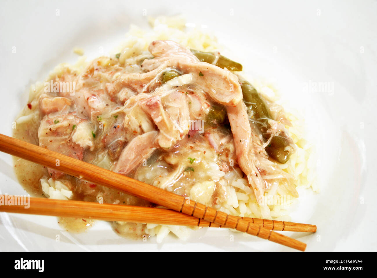 Chicken Gravy on Rice with Chop Sticks Stock Photo - Alamy
