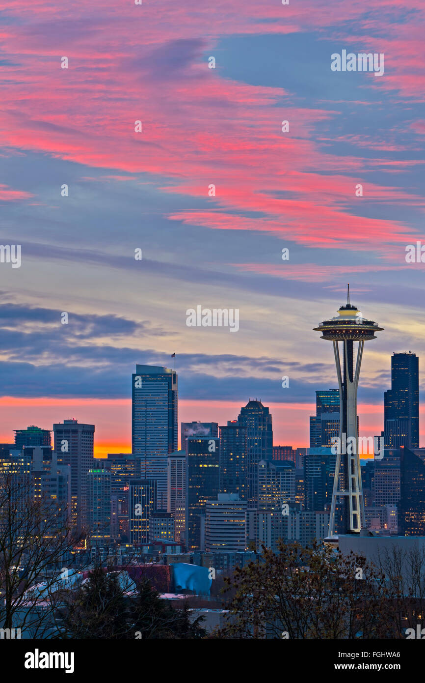 Colorful red sunrise above the Seattle skyline and the Space Needle ...