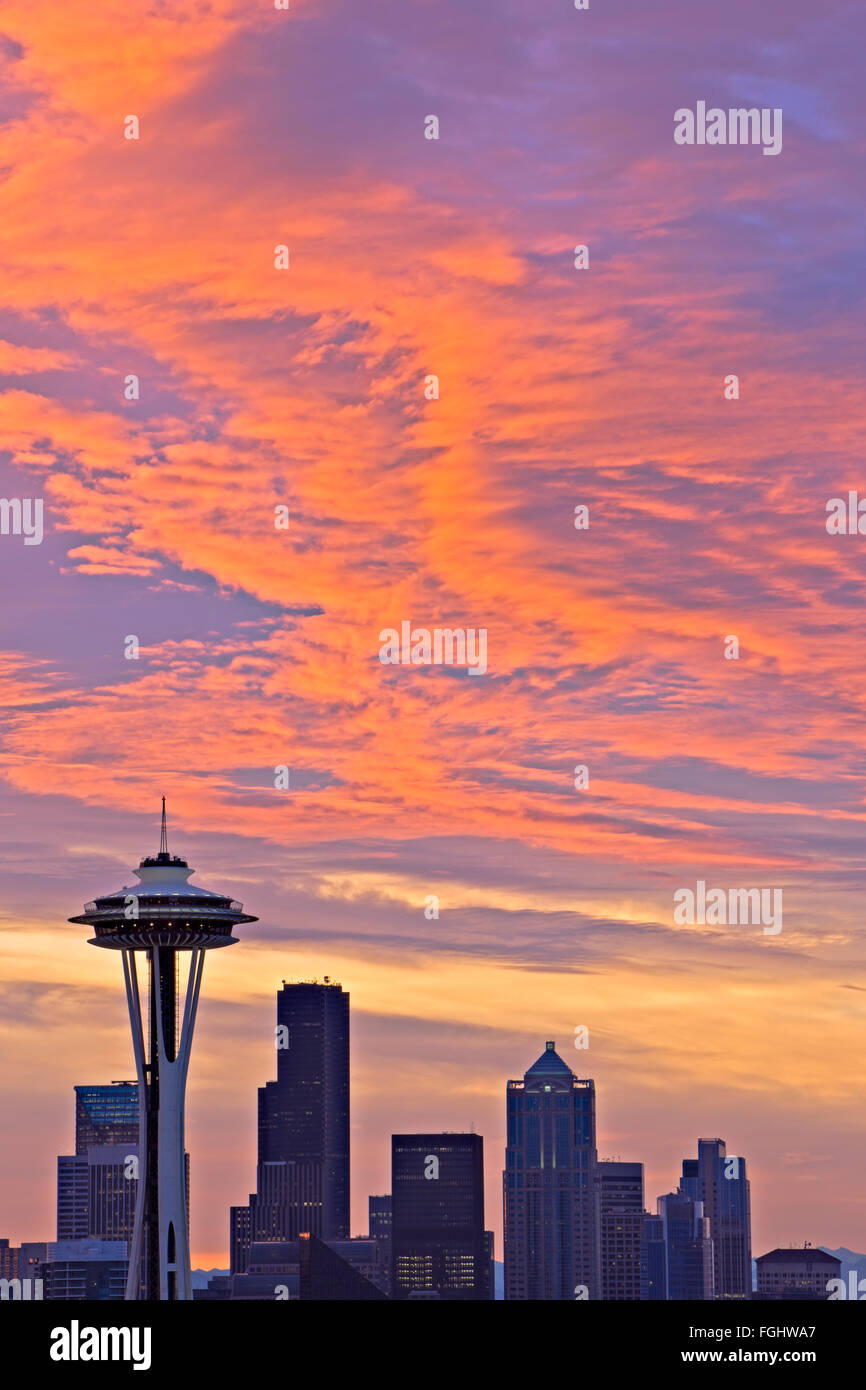 Colorful clouds during sunrise above the city of Seattle and the famous ...
