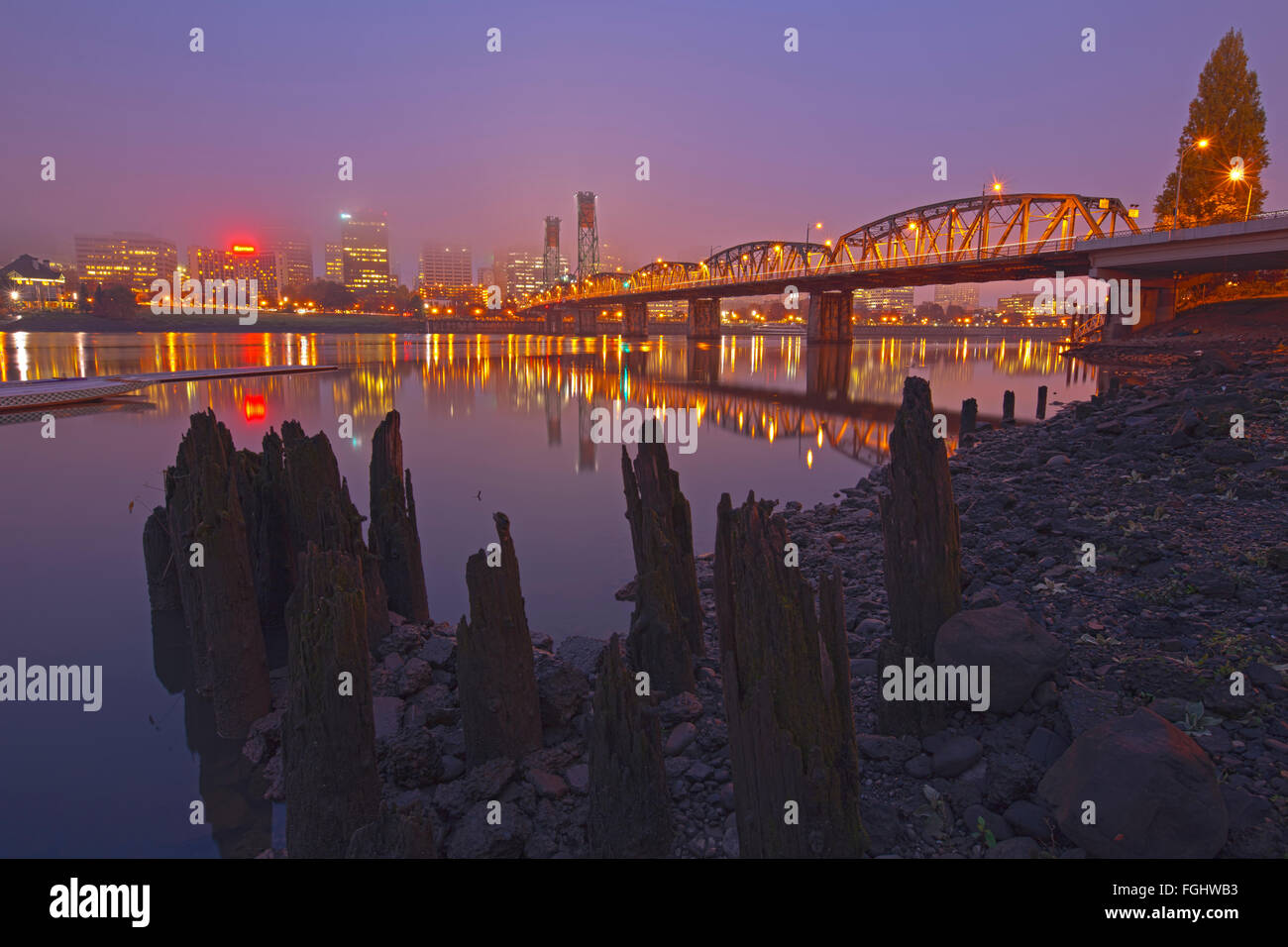 Portland city skyline at dawn in fog, early morning with Hawthorne ...