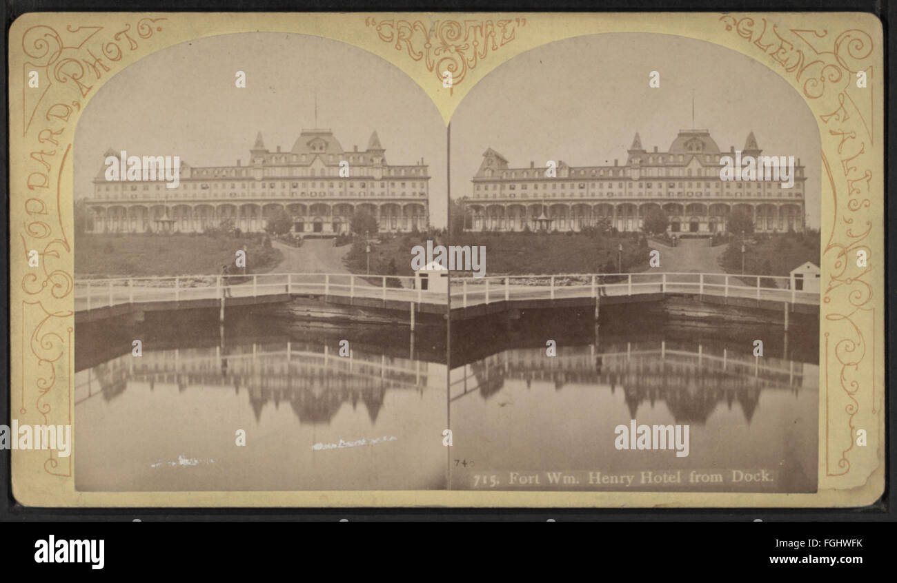 A photograph of the Fort William Henry Hotel taken from a dock, by ...