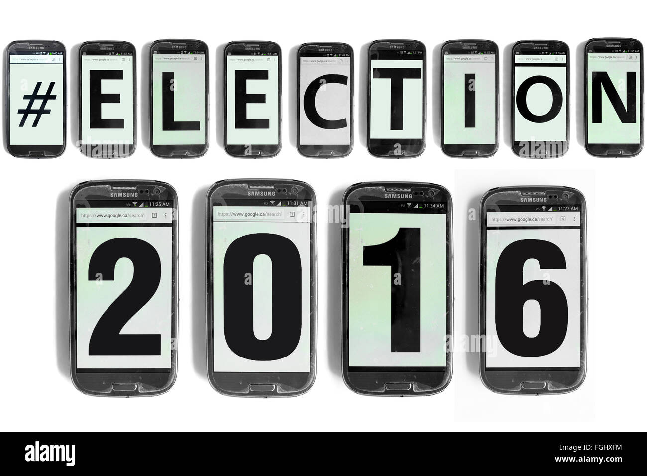 The hashtag #Election2016 written on smartphone screens photographed ...