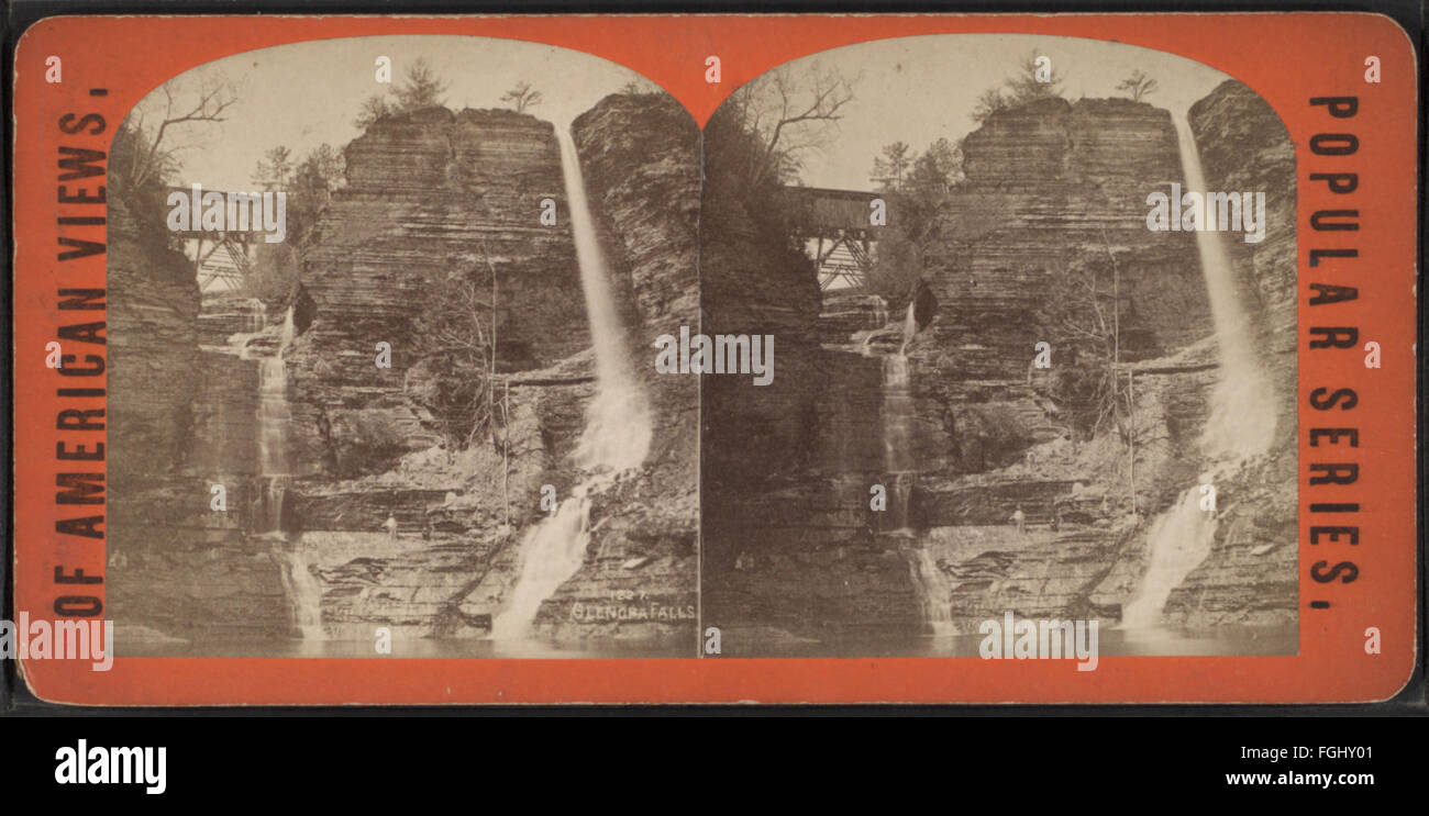 A stereoscopic photograph of Glenora Falls, capturing the waterfall and ...