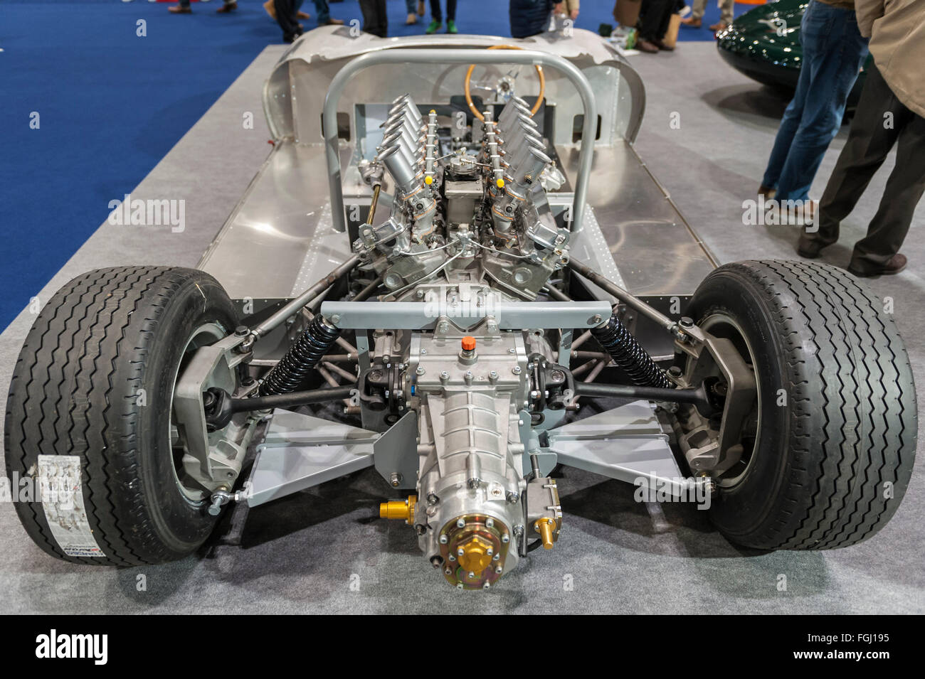 London, UK. 19 February 2016. The V12 engine of a Jaguar XK13 chassis ...