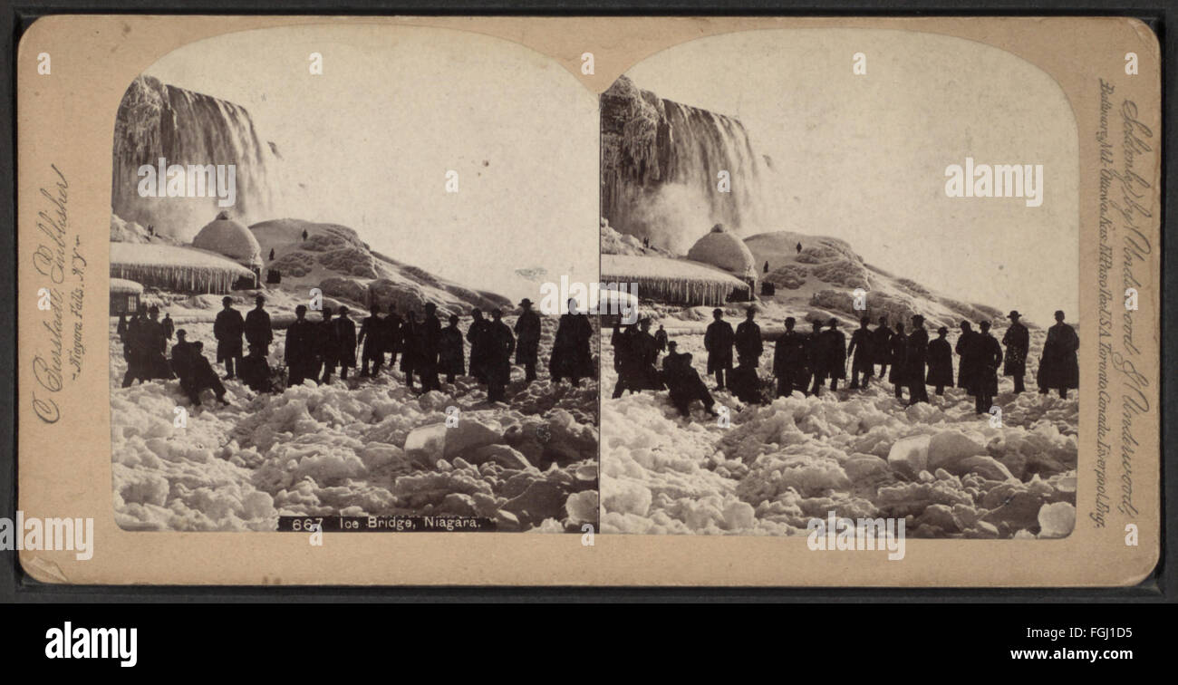 A stereoscopic view showing the ice bridge at Niagara Falls, taken ...