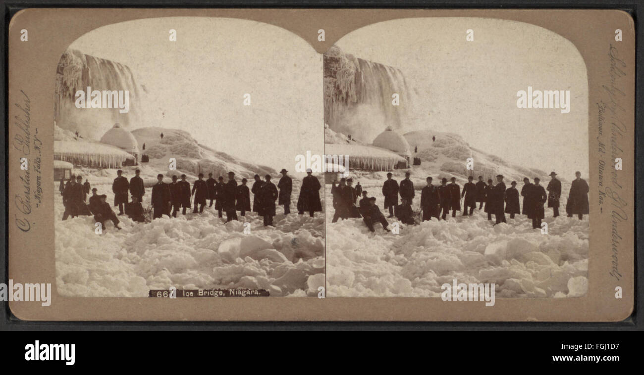 A stereoscopic view of the Ice Bridge at Niagara Falls, showing the ...