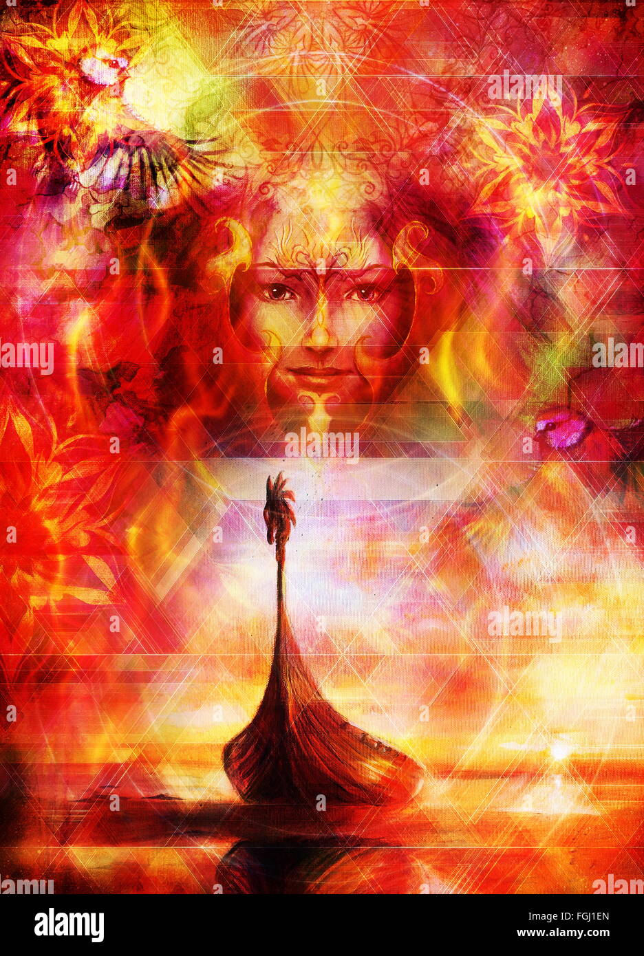 Goddess Woman with bird, and oriental ornamental mandala and color ...