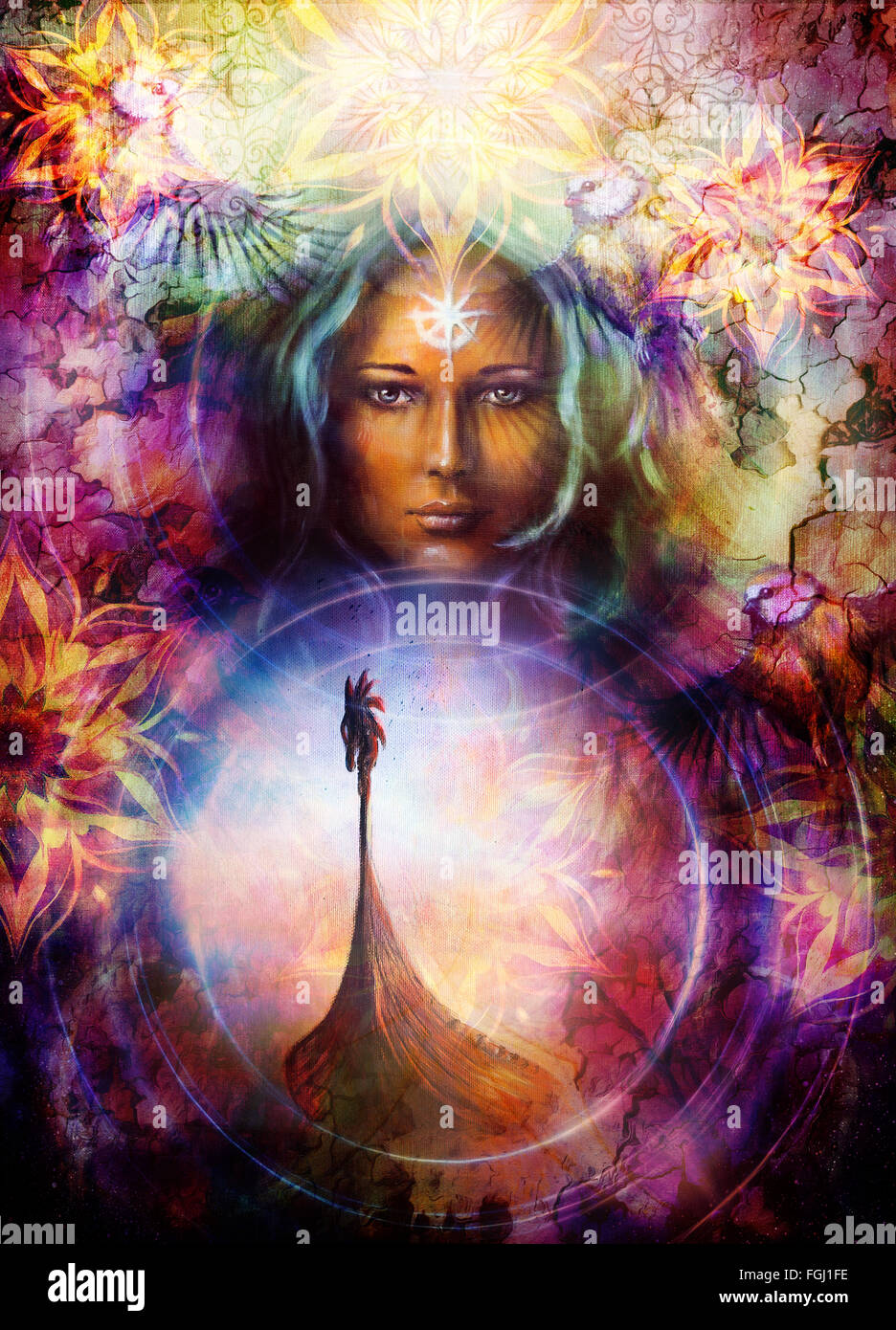 Goddess Woman with bird, and oriental ornamental mandala and color ...