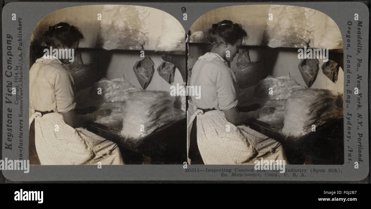 A photograph of workers inspecting combed silk in the silk industry at ...