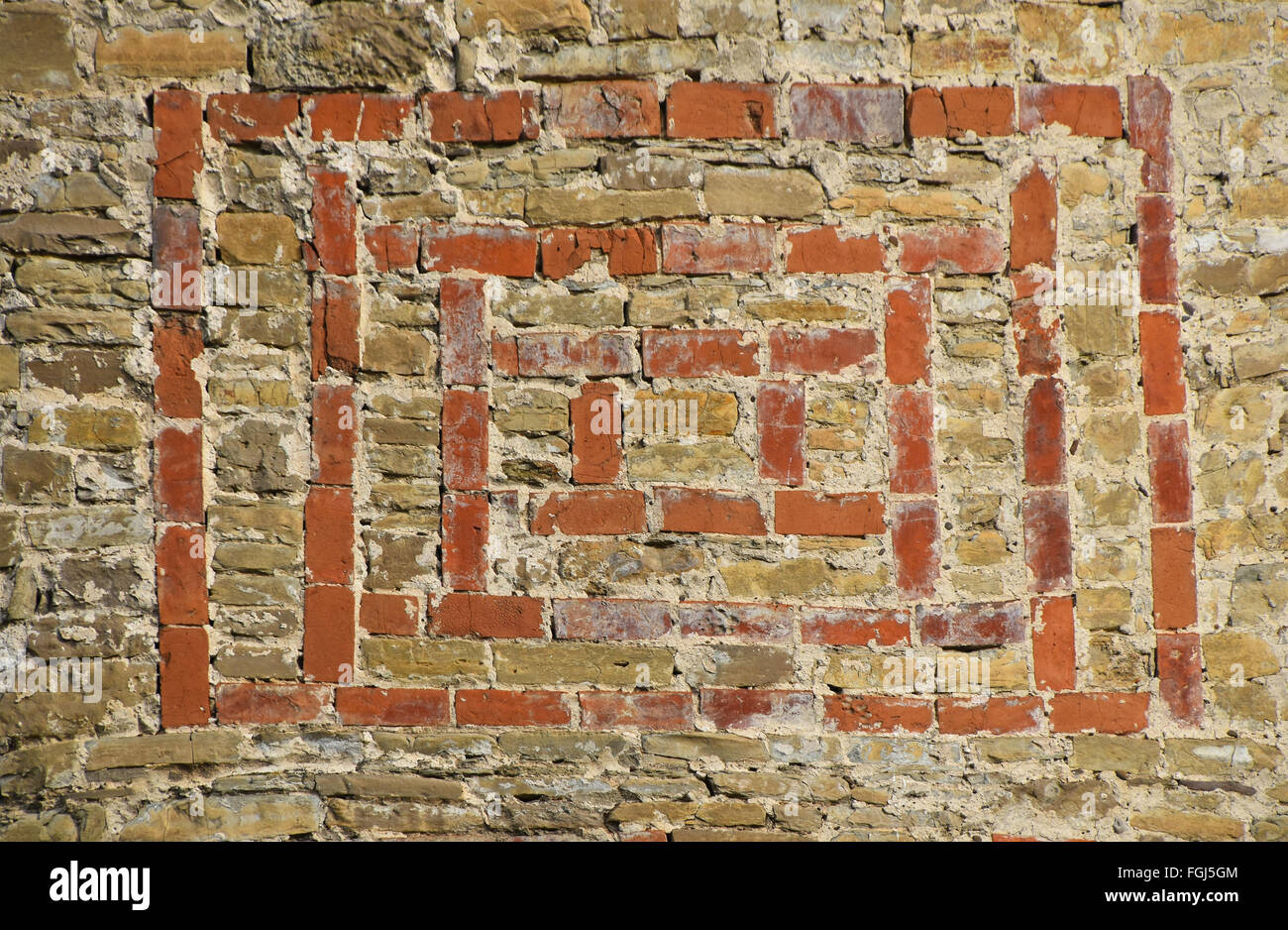 Antique stone wall texture with red bricks hacking ornament pattern ...
