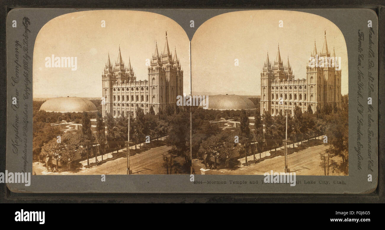 A stereoscopic photograph showing the Mormon Temple and Tabernacle in ...