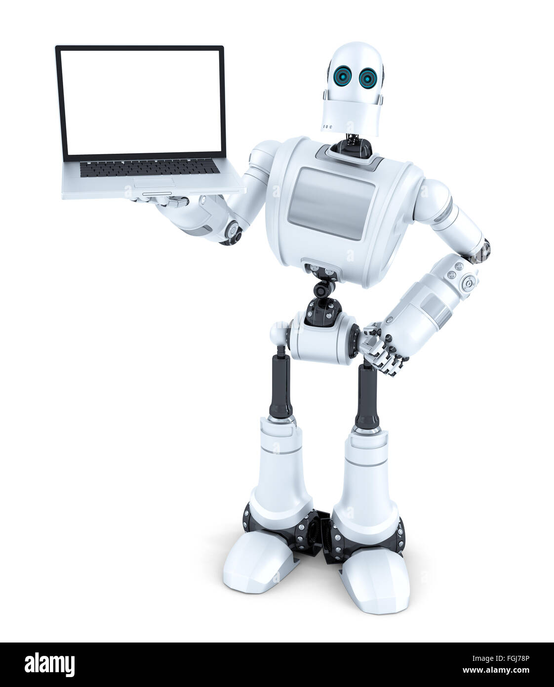 Robot holding blank screen laptop. Isolated. Contains clipping path of ...
