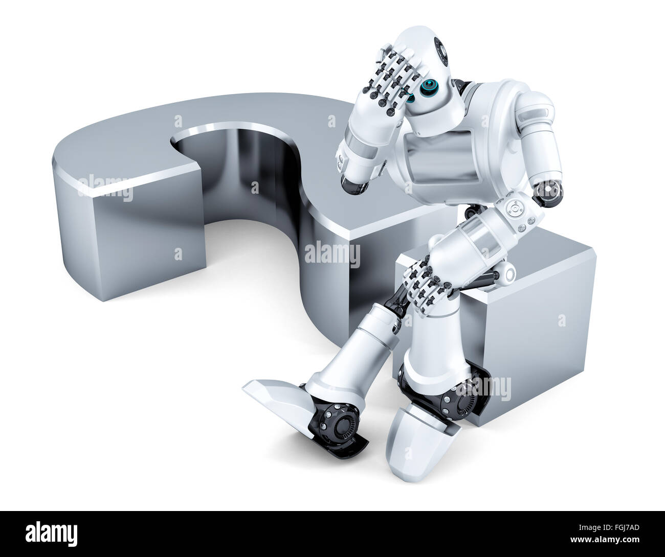 Sad thoughtful robot sitting on question mark. Isolated over white ...