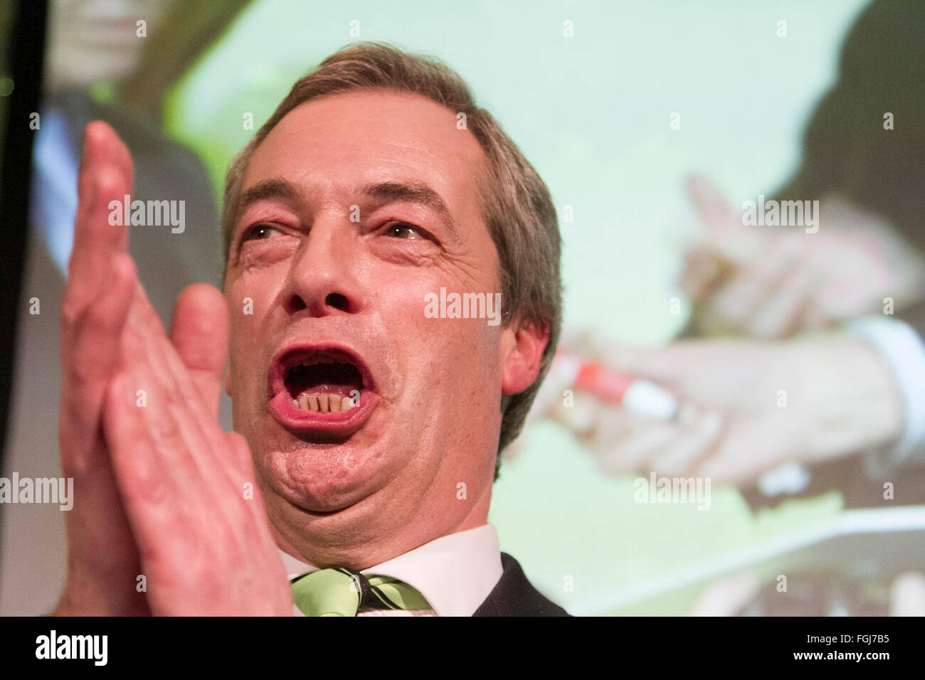 London UK. 19th February 2016. UKIP leader Nigel addresses a packed ...