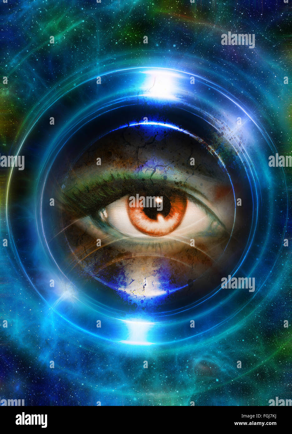 Woman eye and cosmic space, with light circle. blue color Stock Photo ...