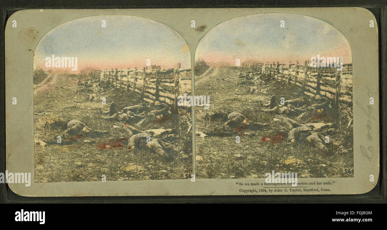 A hand-colored photograph showing the aftermath of battle with fallen ...