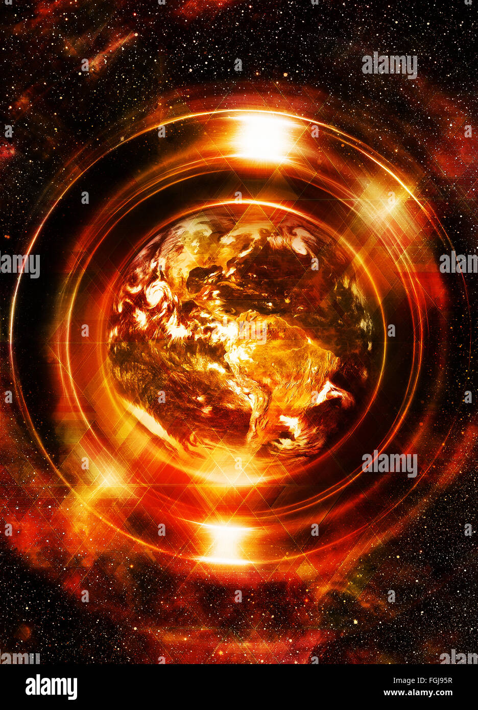 Planet earth in light circle with light triangle structure. Cosmic ...