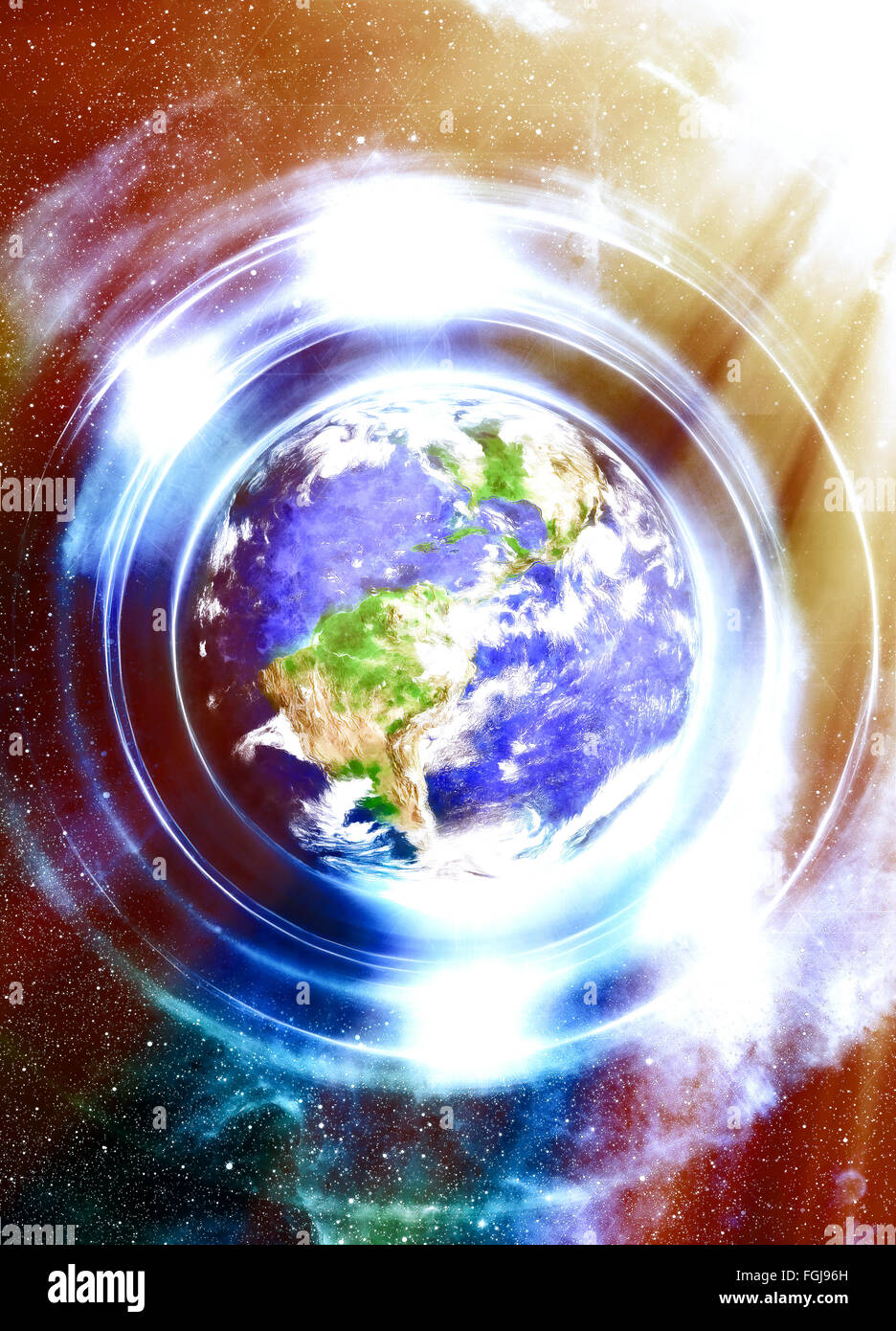 Planet Earth in light circle, Cosmic Space background. Computer collage ...