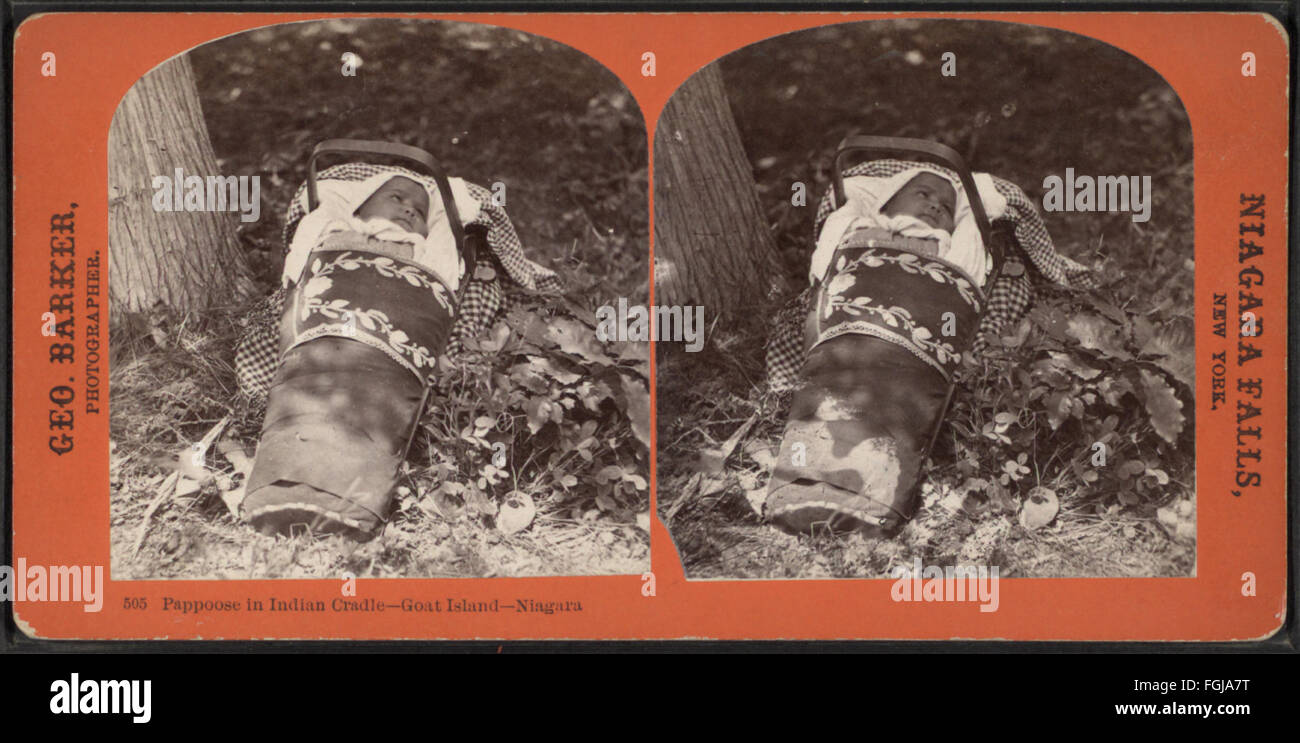 This photograph depicts a papoose in an Indian cradle on Goat Island ...