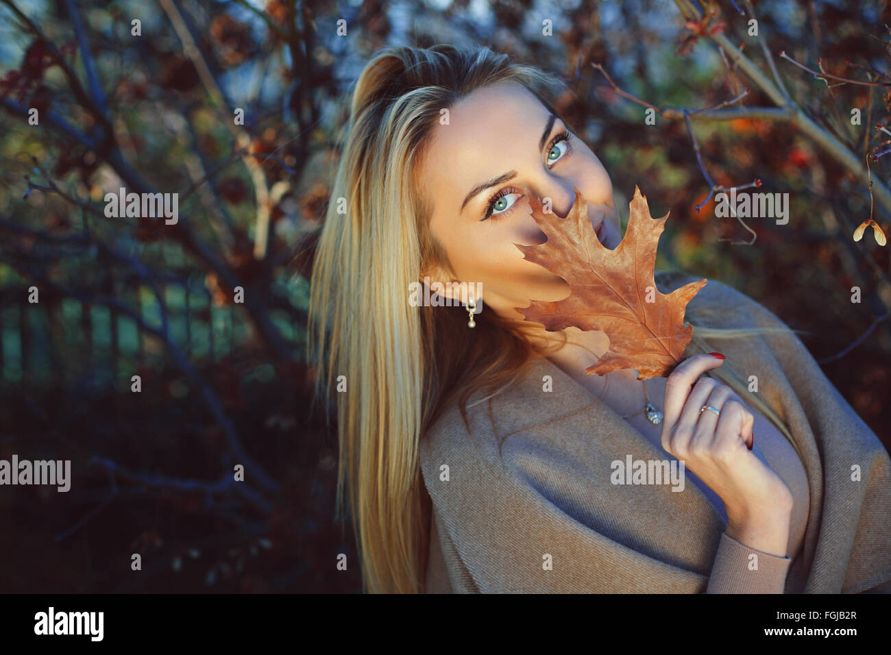 Beautiful woman posing with autumn leaf . Seasonal colors Stock Photo ...
