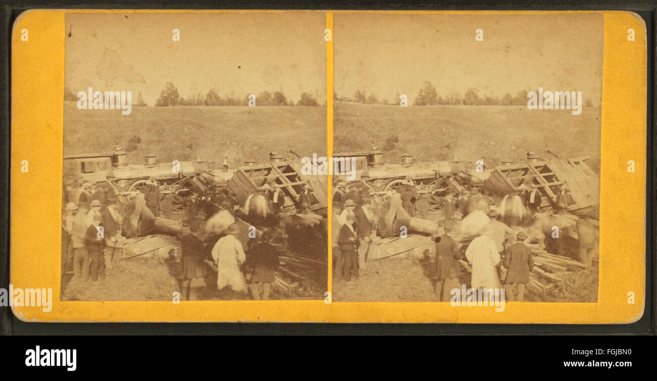 This photograph depicts a train wreck, capturing the aftermath of the ...