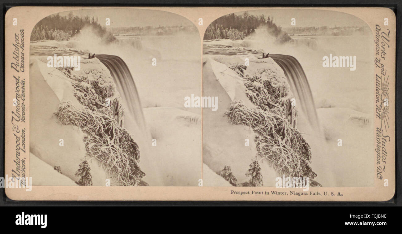 Winter scene of Prospect Point at Niagara Falls, captured by Underwood & Underwood, showcasing ...