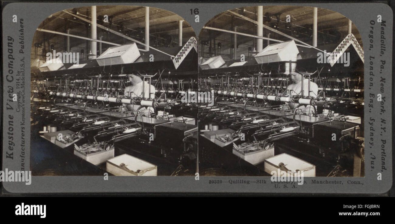 A photograph by Keystone View Company showing the process of quilling ...