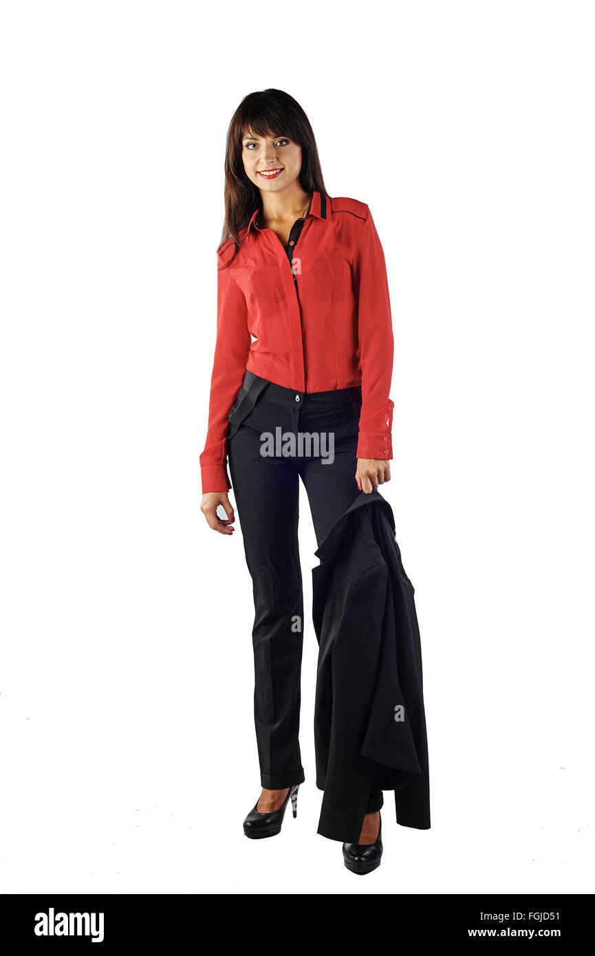 Young beautiful Caucasian business woman holding a jacket on her ...