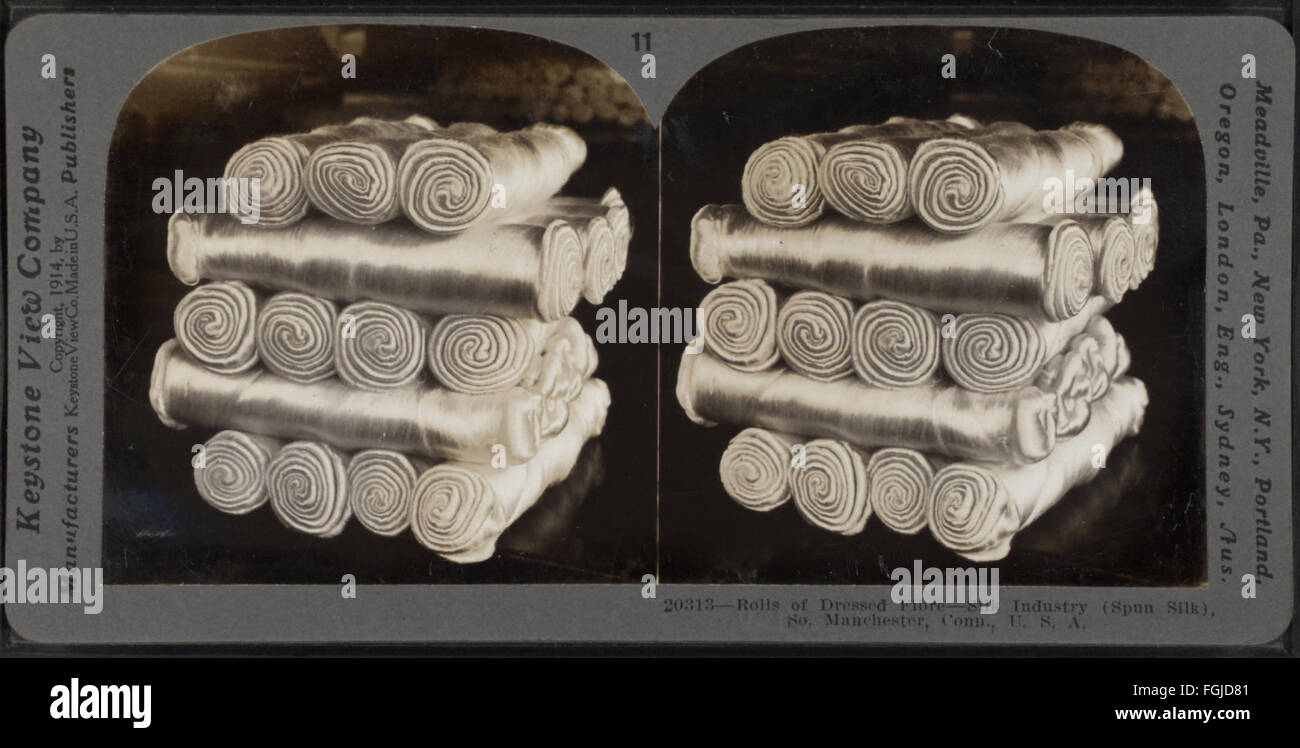 A photograph showing rolls of dressed fiber from the silk industry in ...