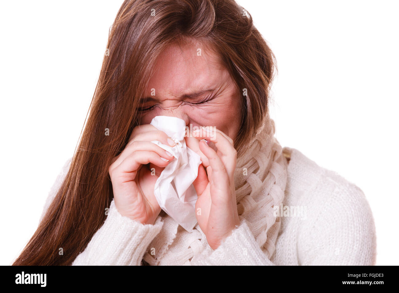 Flu cold or other virus. Sick woman girl with fever sneezing in tissue ...