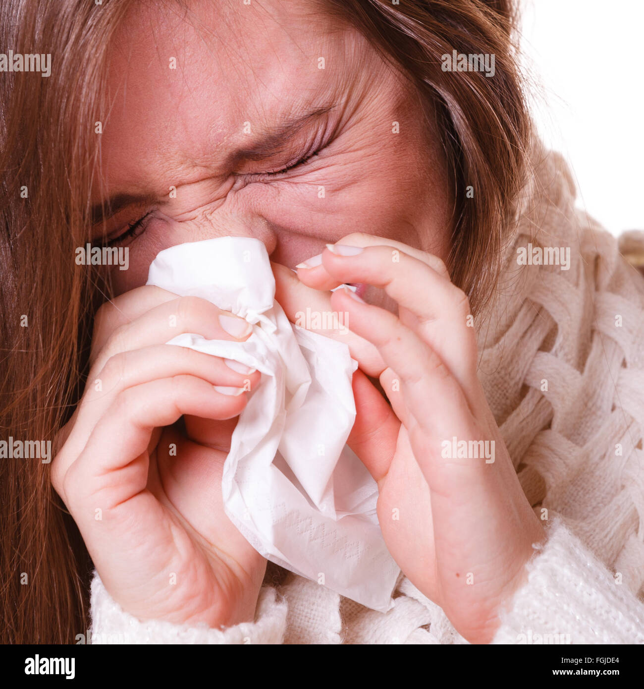 Flu cold or other virus. Sick woman girl with fever sneezing in tissue ...