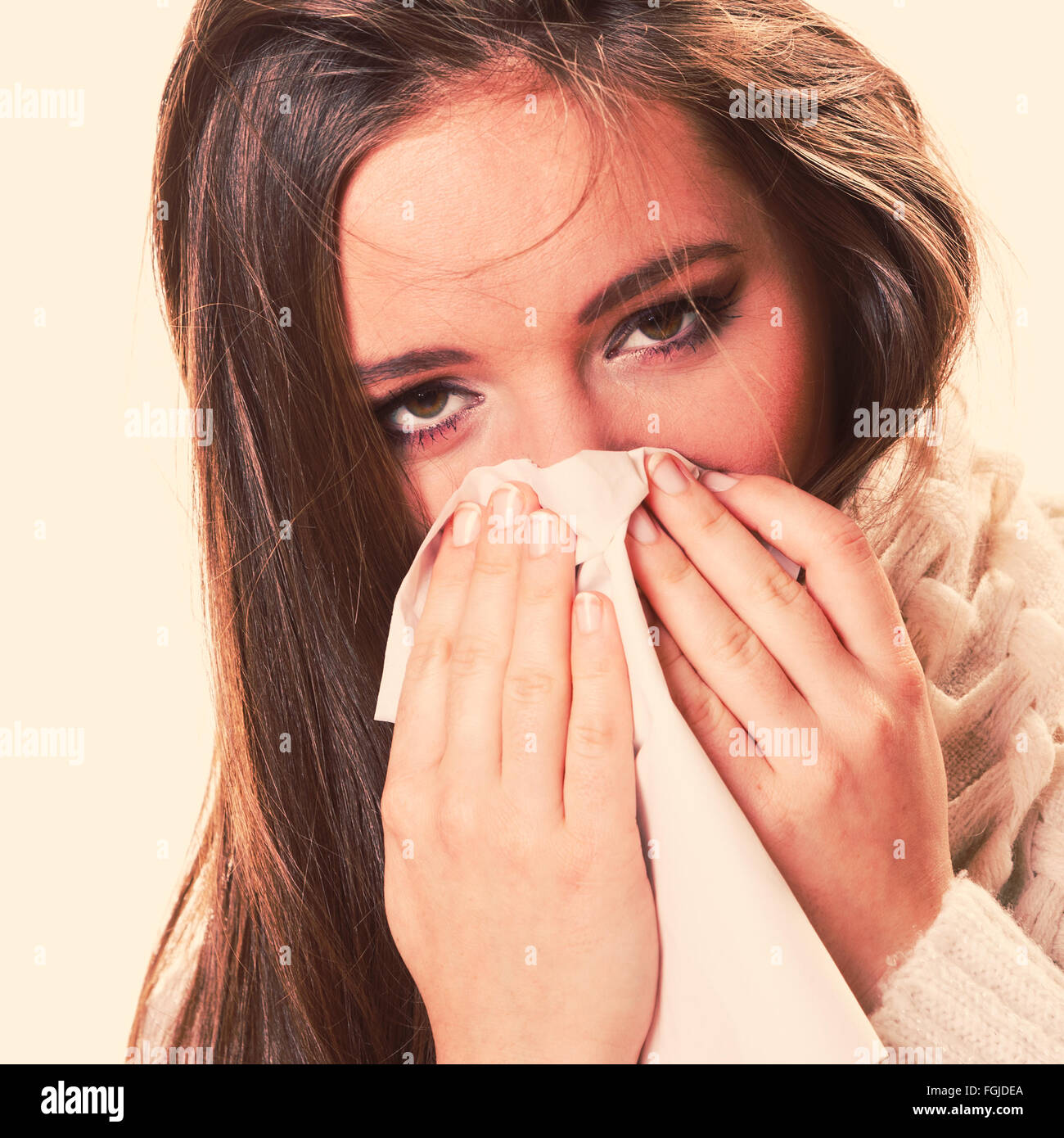 Flu cold or other virus. Sick woman girl with fever sneezing in tissue ...