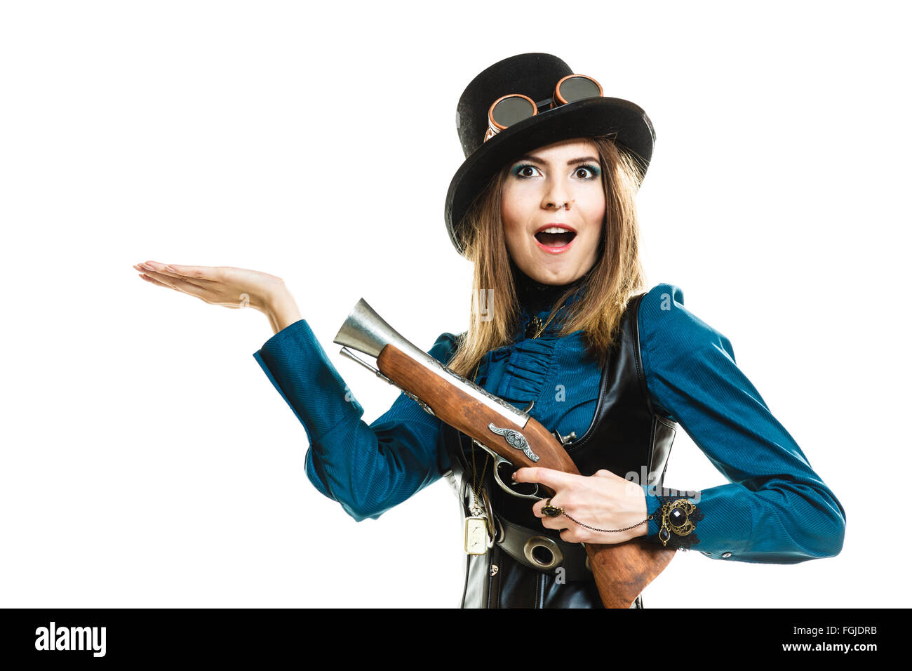 Suprised young steampunk islolated girl on white holding fancy rifle ...