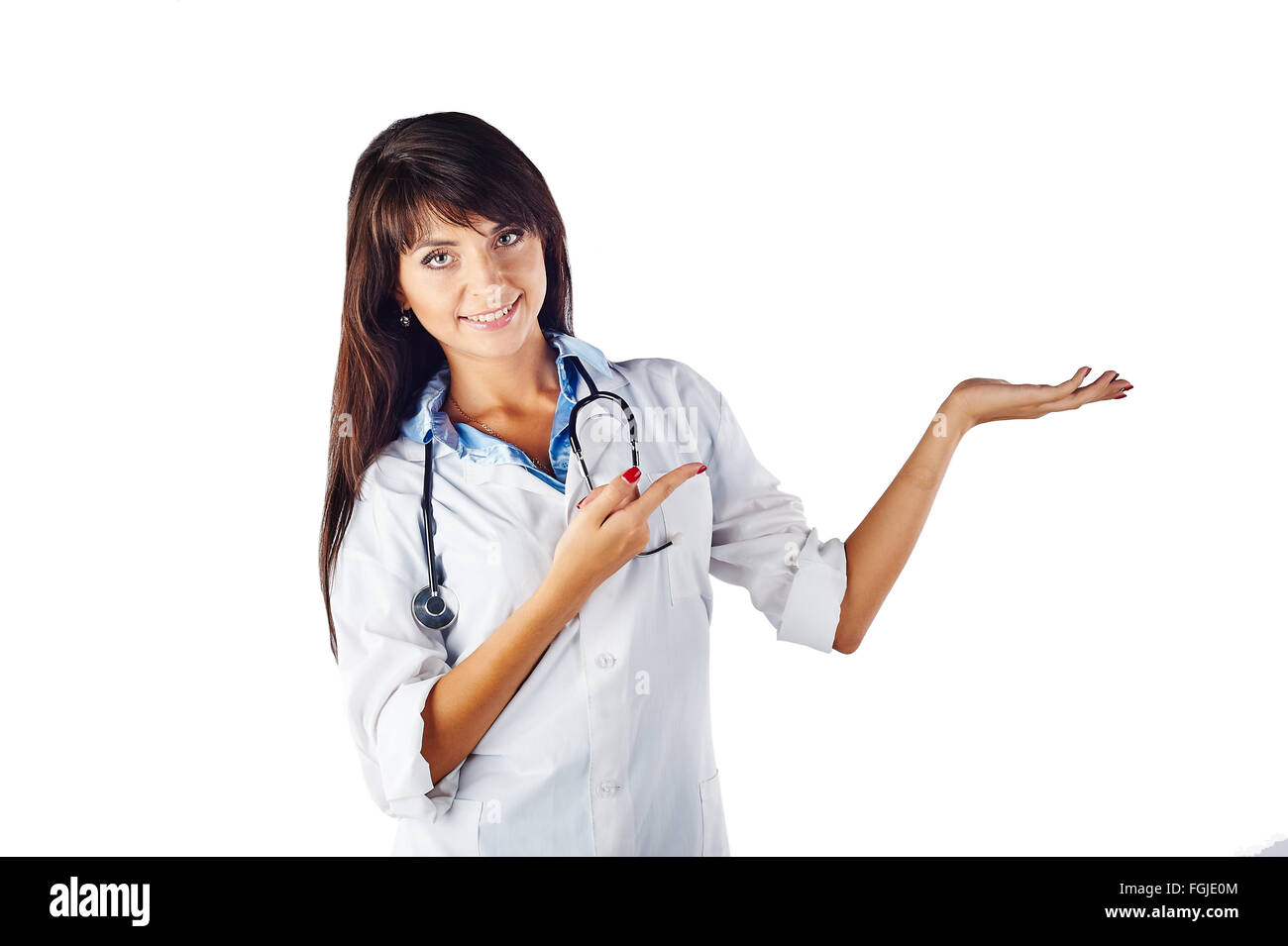 Doctor advertising your product. Young doctor looking at camera and ...