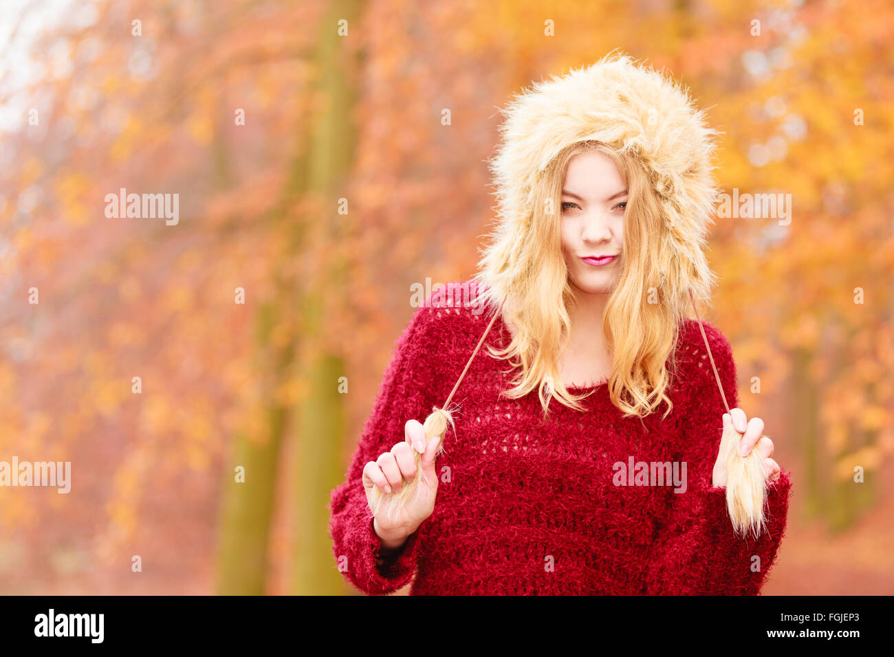 Portrait of pretty fashionable woman in fall forest park. Gorgeous ...