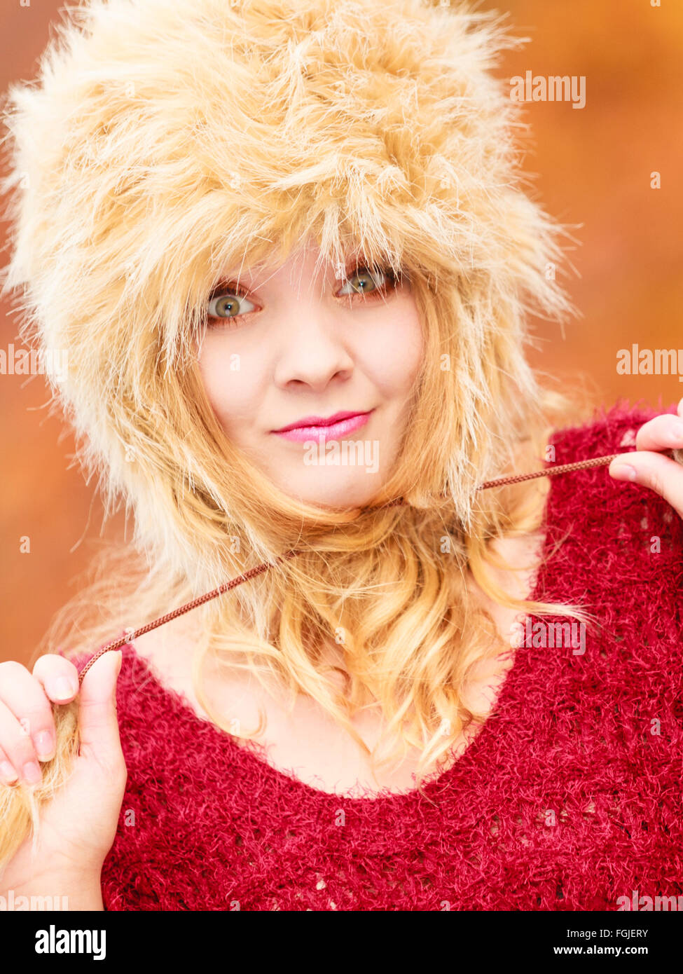 Portrait of pretty fashionable woman in fall forest park. Gorgeous ...