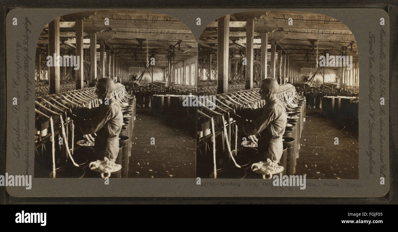 A photograph capturing the process of slubbing yarn at the Dallas ...
