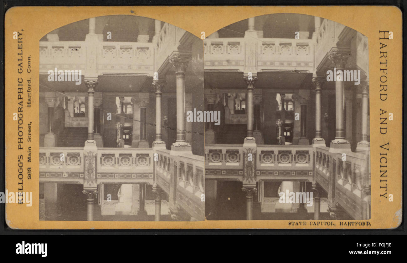 A photograph of the interior balconies of the State Capitol in Hartford ...