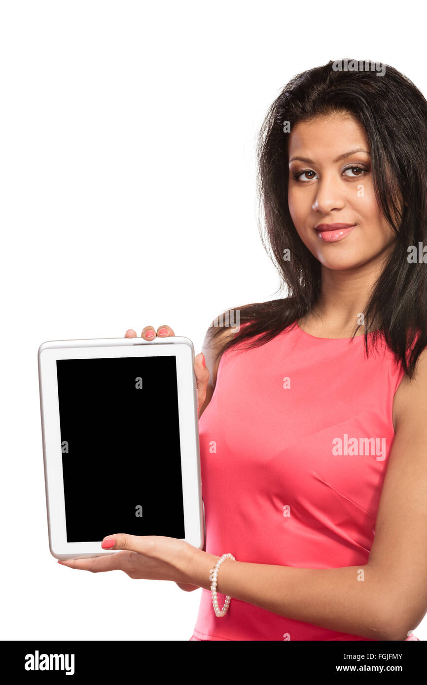 Mixed race african woman girl with computer tablet blank empty screen ...